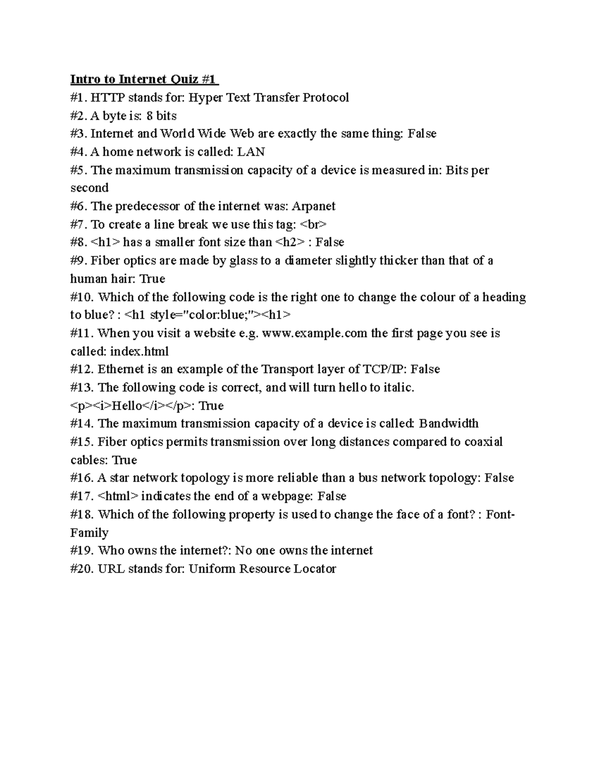 Intro to Internet Quiz 1 - HTTP stands for: Hyper Text Transfer ...