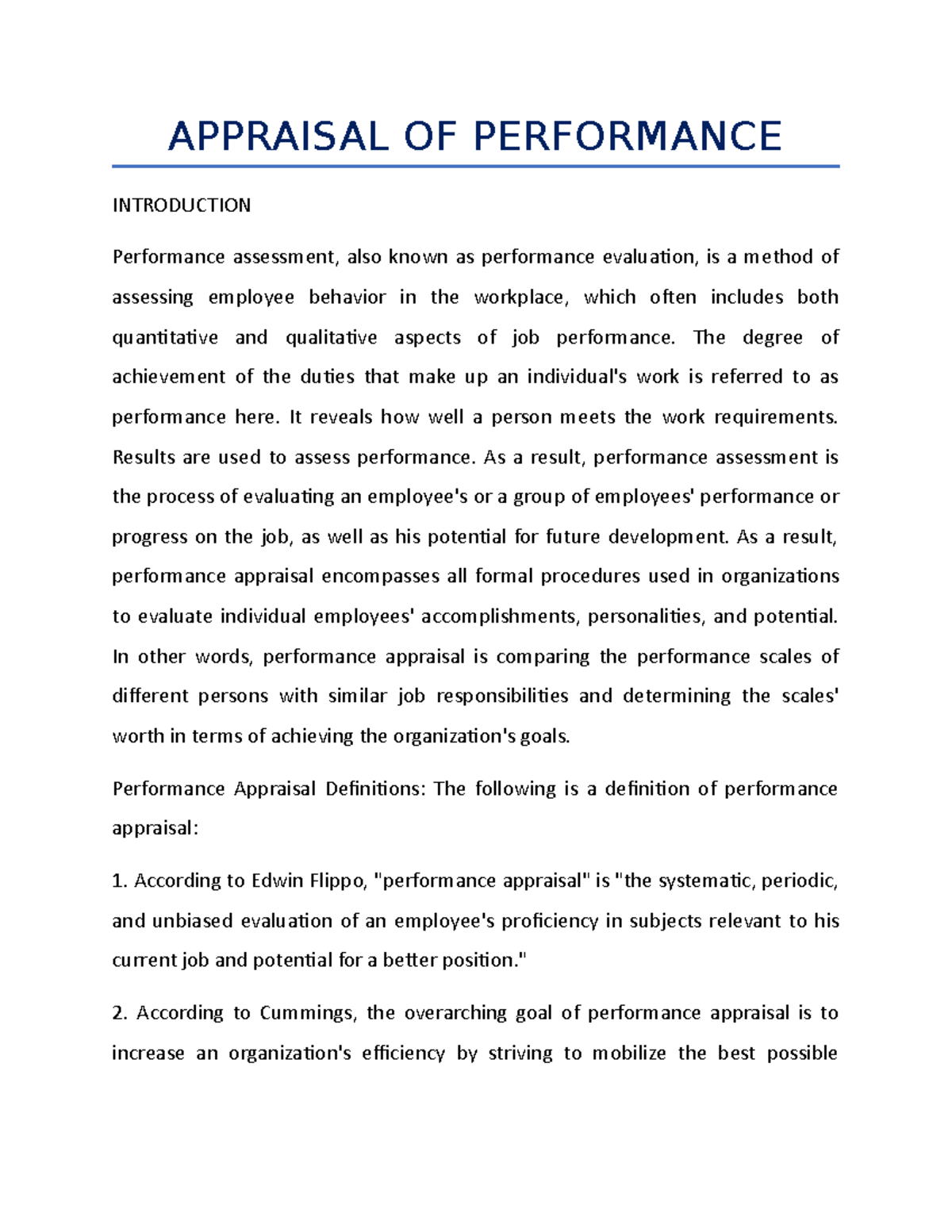 Appraisal OF Performance - APPRAISAL OF PERFORMANCE INTRODUCTION ...