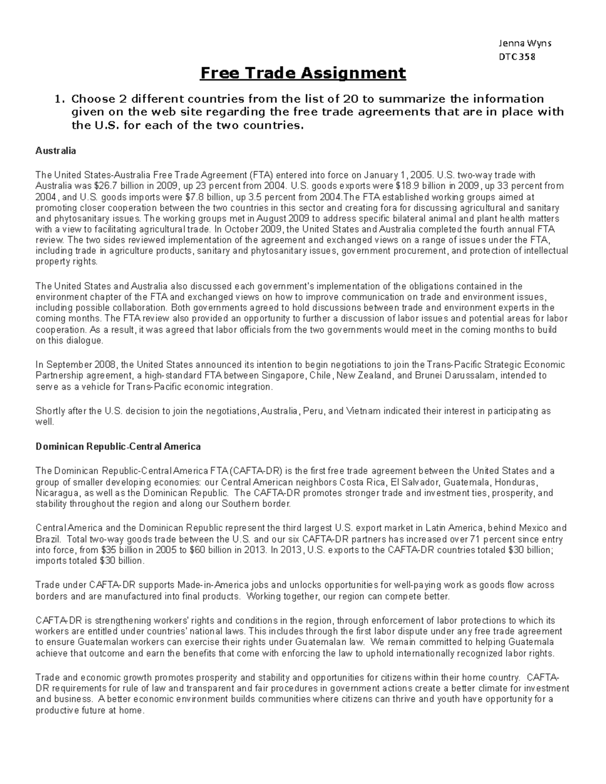 Free Trade Assignment - Jenna Wyns DTC 358 Free Trade Assignment 1 ...
