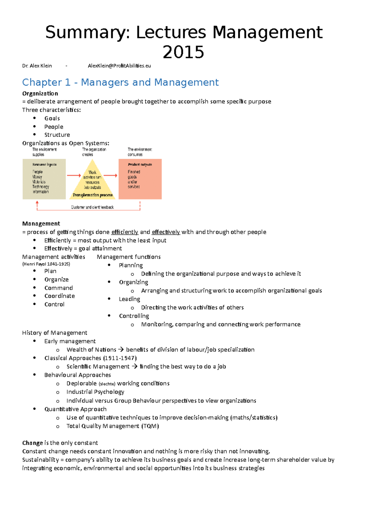 Summary - Lectures Management - Summary - chapter 1 - 15 - Summary ...
