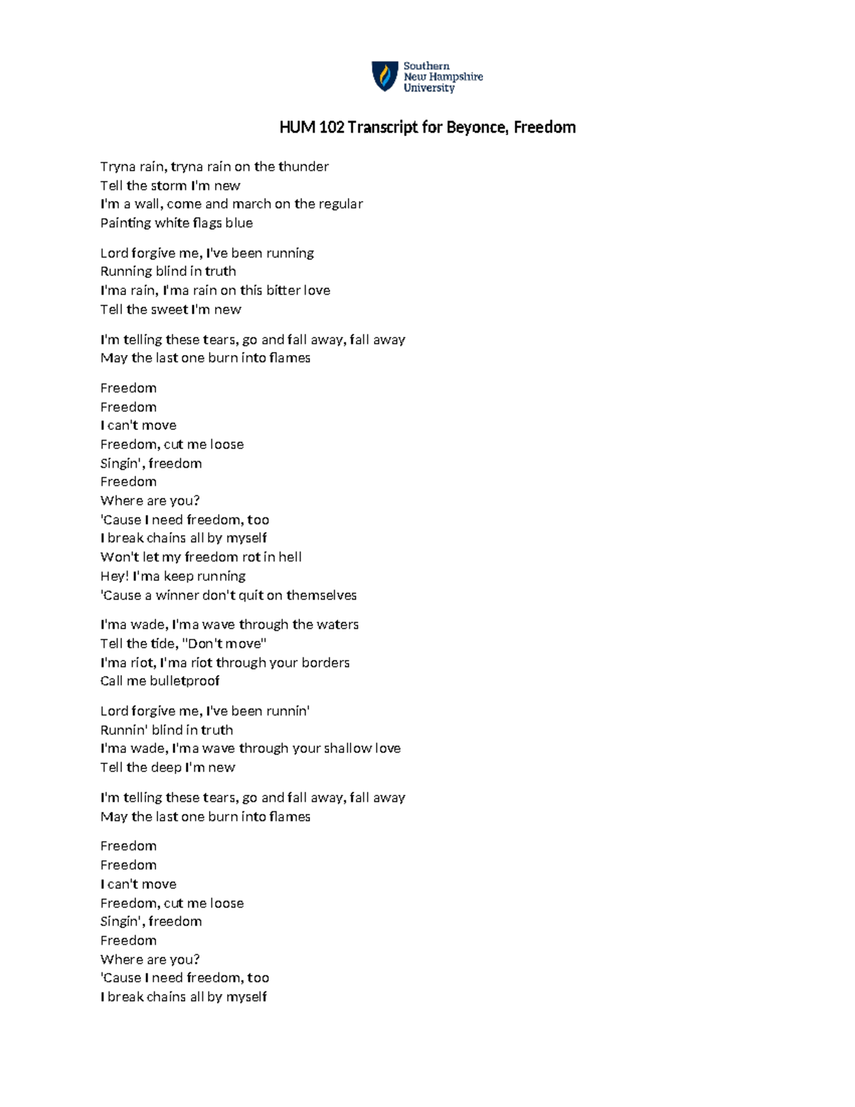 HUM 102 Transcript for Beyonce, Freedom - HUM 102 Transcript for ...