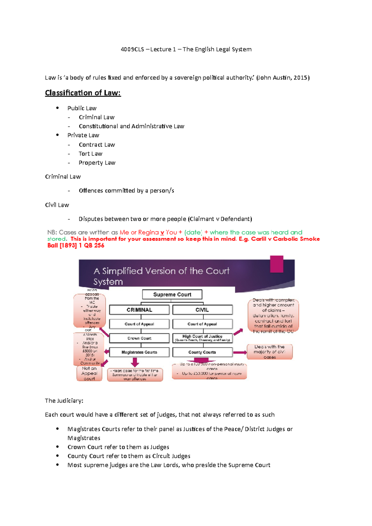 Lecture 1 - The English Legal System - 4009CLS – Lecture 1 – The ...