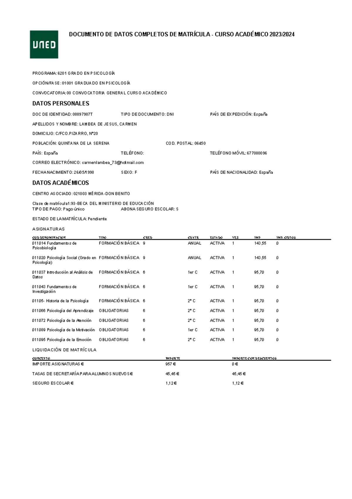 Informe Documento Matricula EEES - DOCUMENTO DE DATOS COMPLETOS DE ...