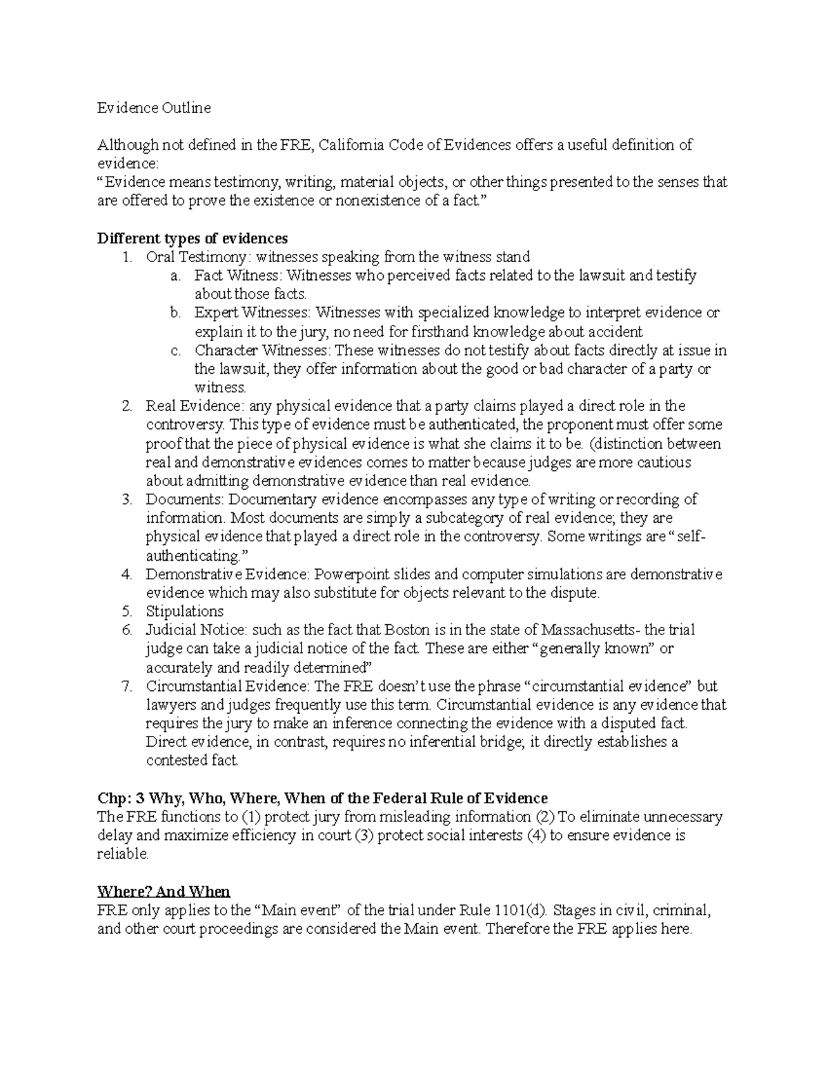 Evidence Outline LAW 606 for Professor - Evidence Outline Although not ...