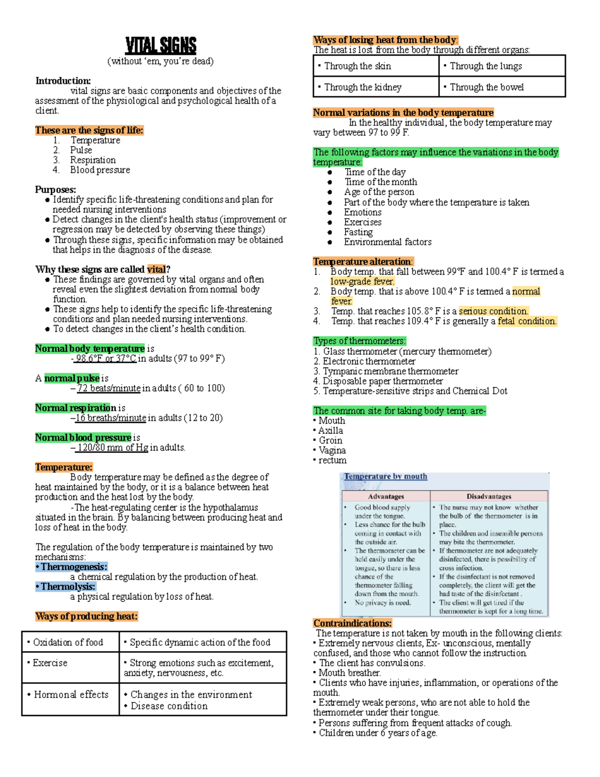 Vital signs taking notes and reviewer - VITAL SIGNS (without ‘em, you ...