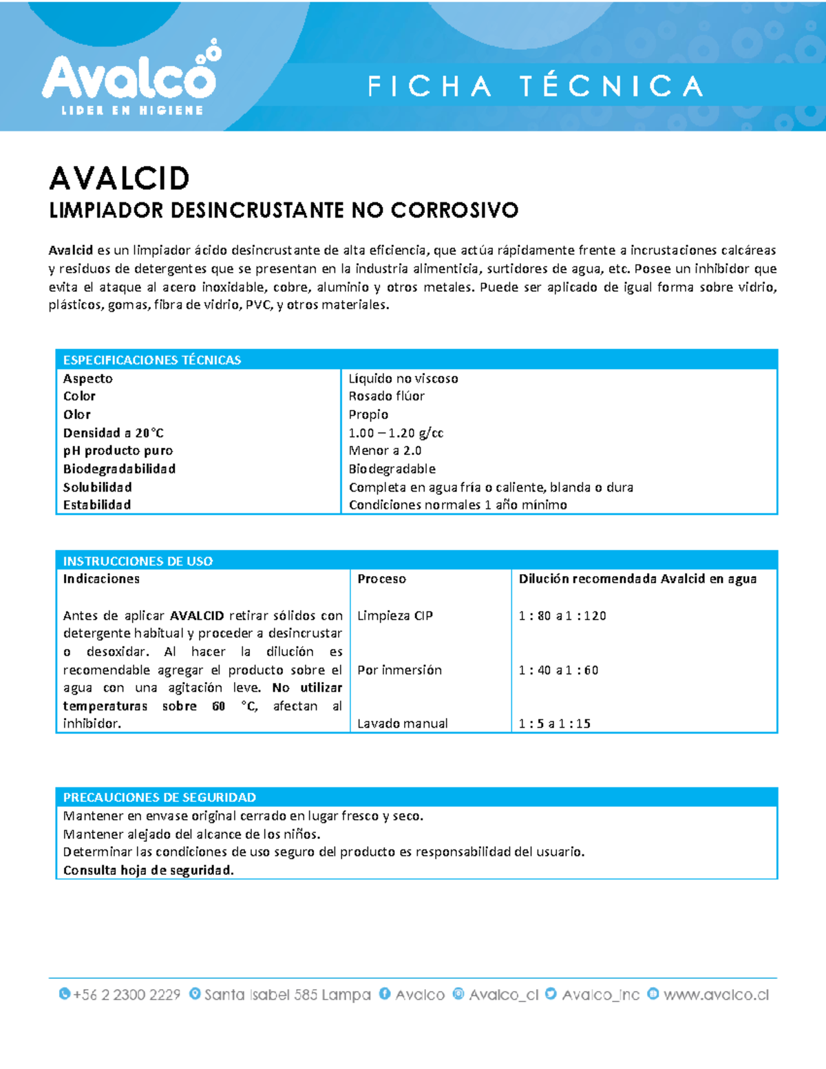 FT Avalcid - resumen - AVALCID LIMPIADOR DESINCRUSTANTE NO CORROSIVO ...