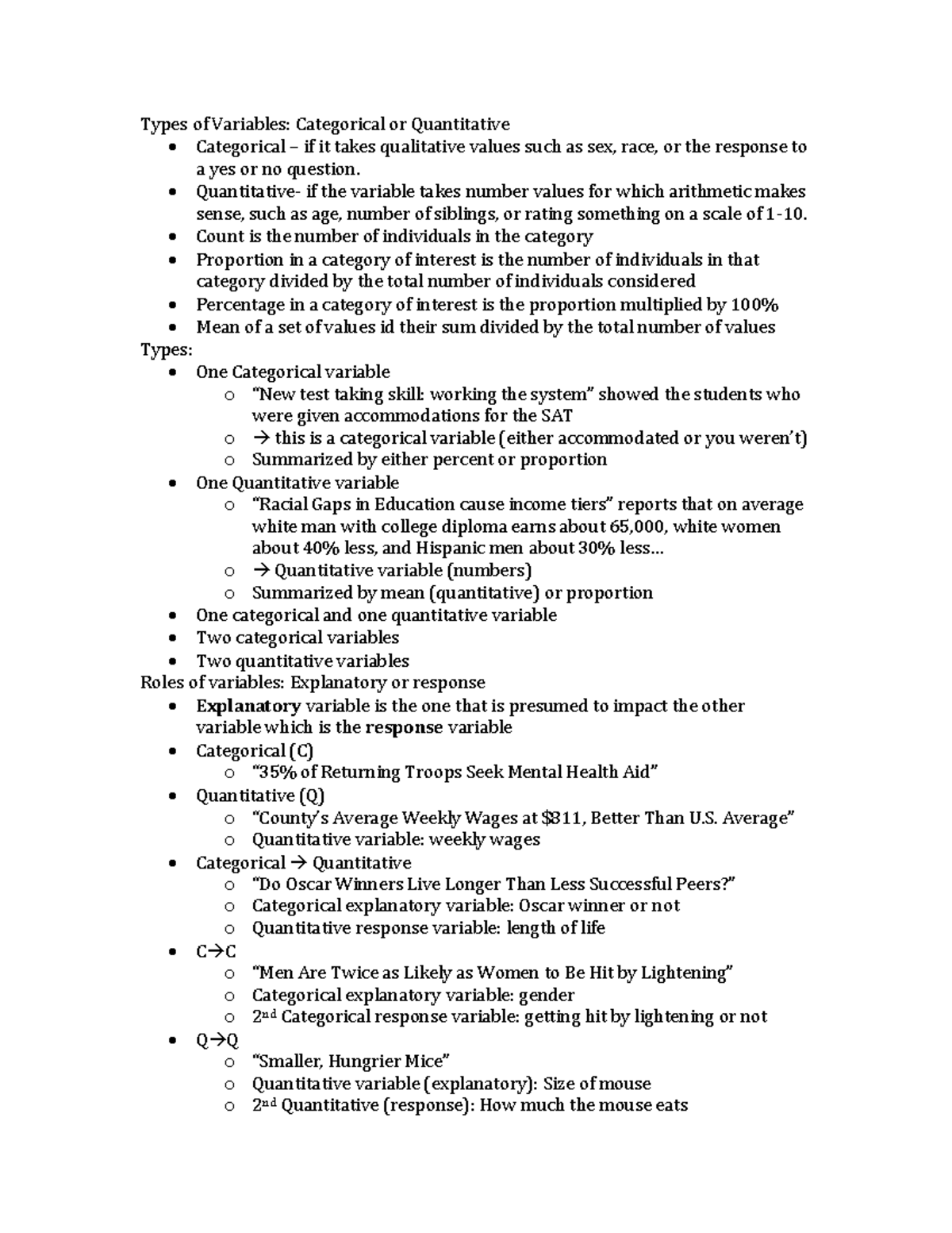 Statistics Chapter 1and 2 notes - Types of Variables: Categorical or ...