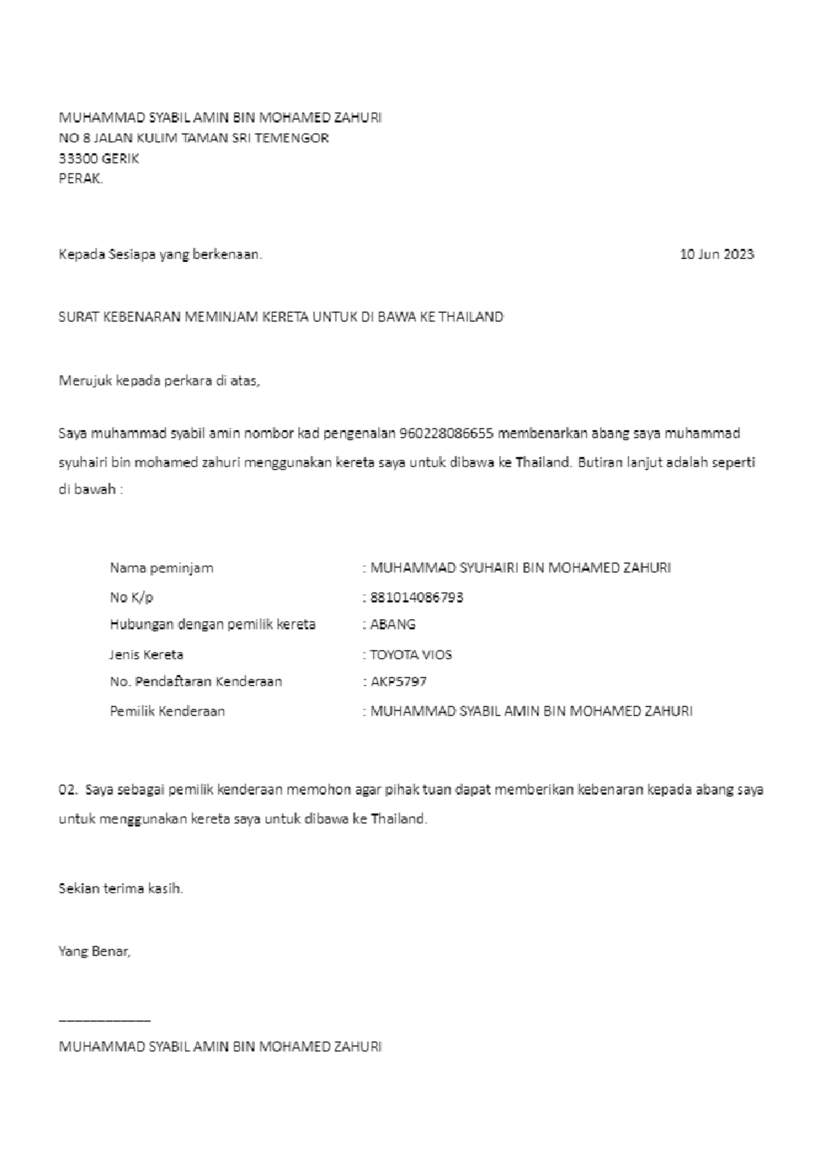 Contoh surat thai - example letter - operation tours and travel - Studocu