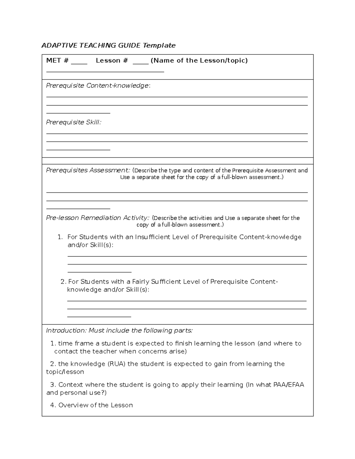 Adaptive Teaching Guide Template - ADAPTIVE TEACHING GUIDE Template MET ...
