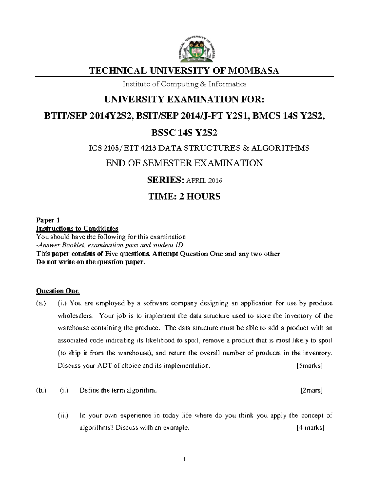 14 Ics 2105 Data Structures Paper 1 Technical University Of Mombasa Institute Of Computing