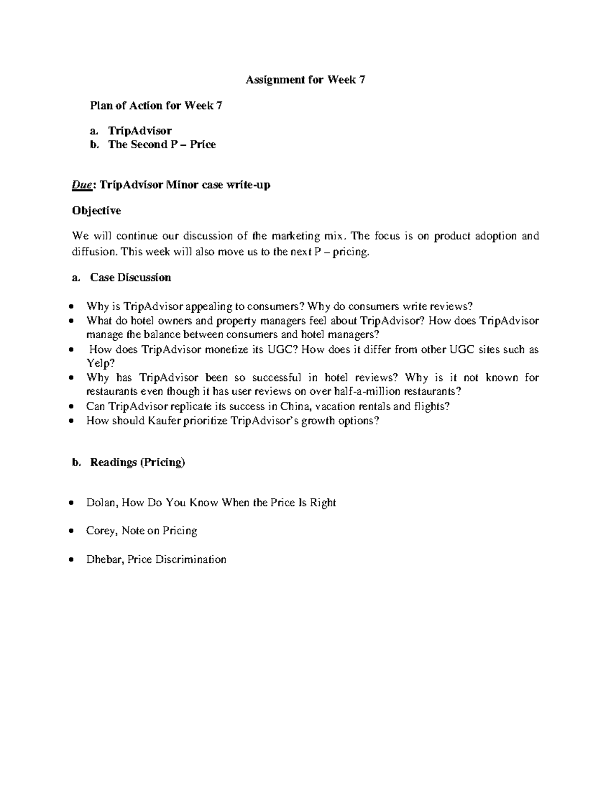 Weekly Class Assignments 7 - Assignment for Week 7 Plan of Action for ...