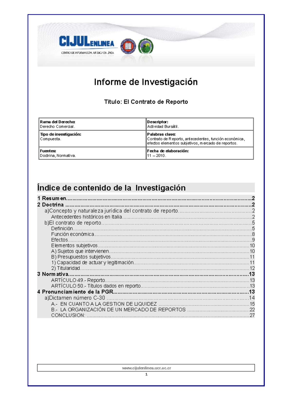 El contrato de reporto - Informe de Investigación Título: El Contrato ...