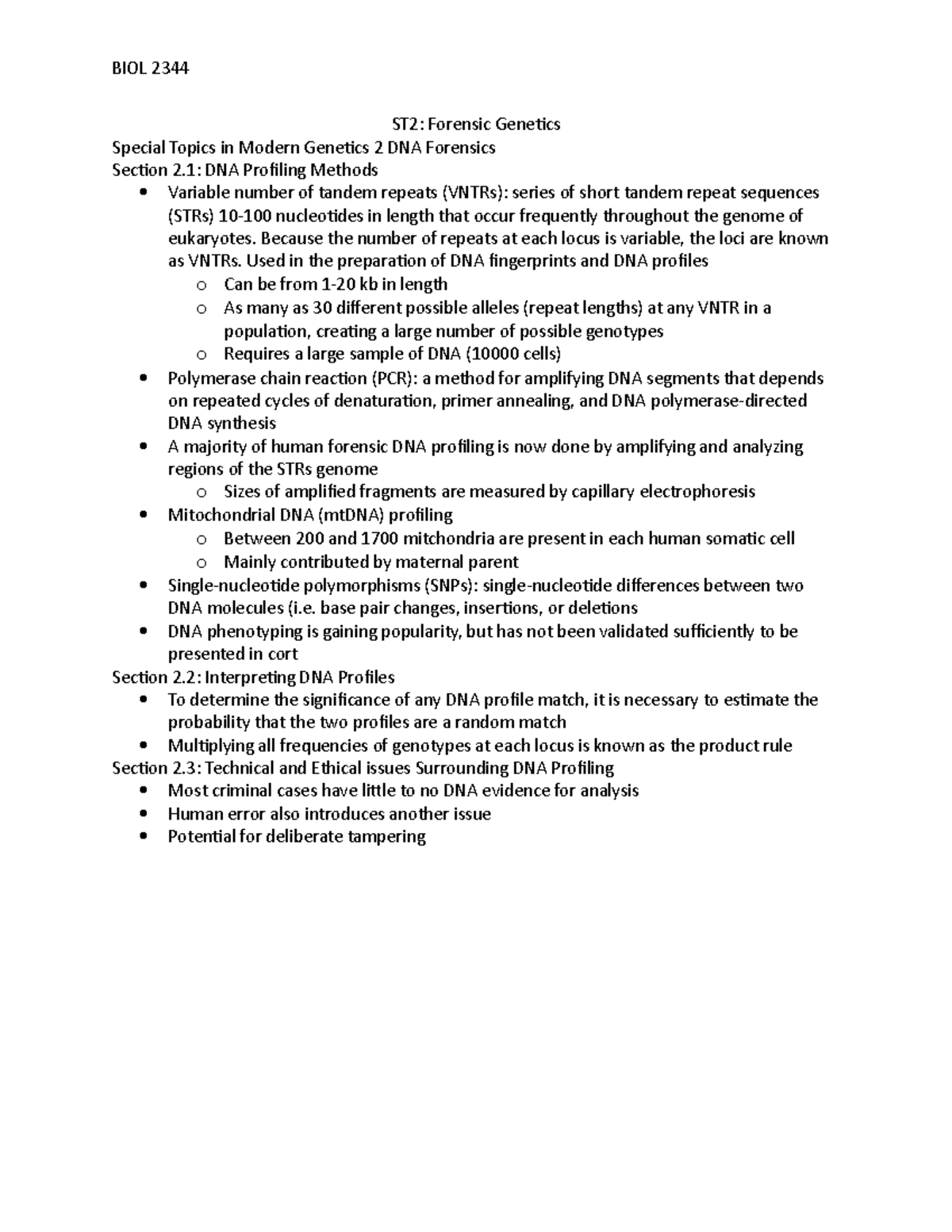 2344 Forensic Genetics - BIOL 2344 ST2: Forensic Genetics Special ...