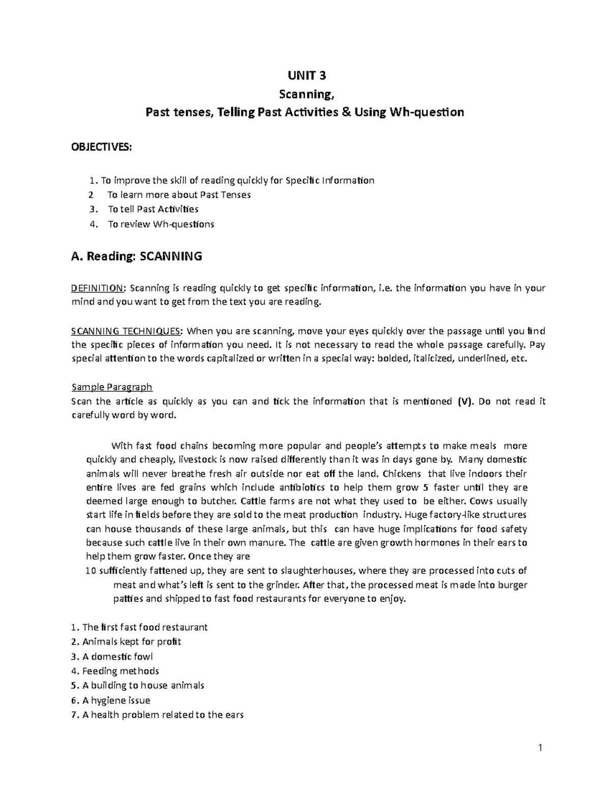 UNIT 3 Rvsed Integrated English TA 2020-2021 - UNIT 3 Scanning, Past ...