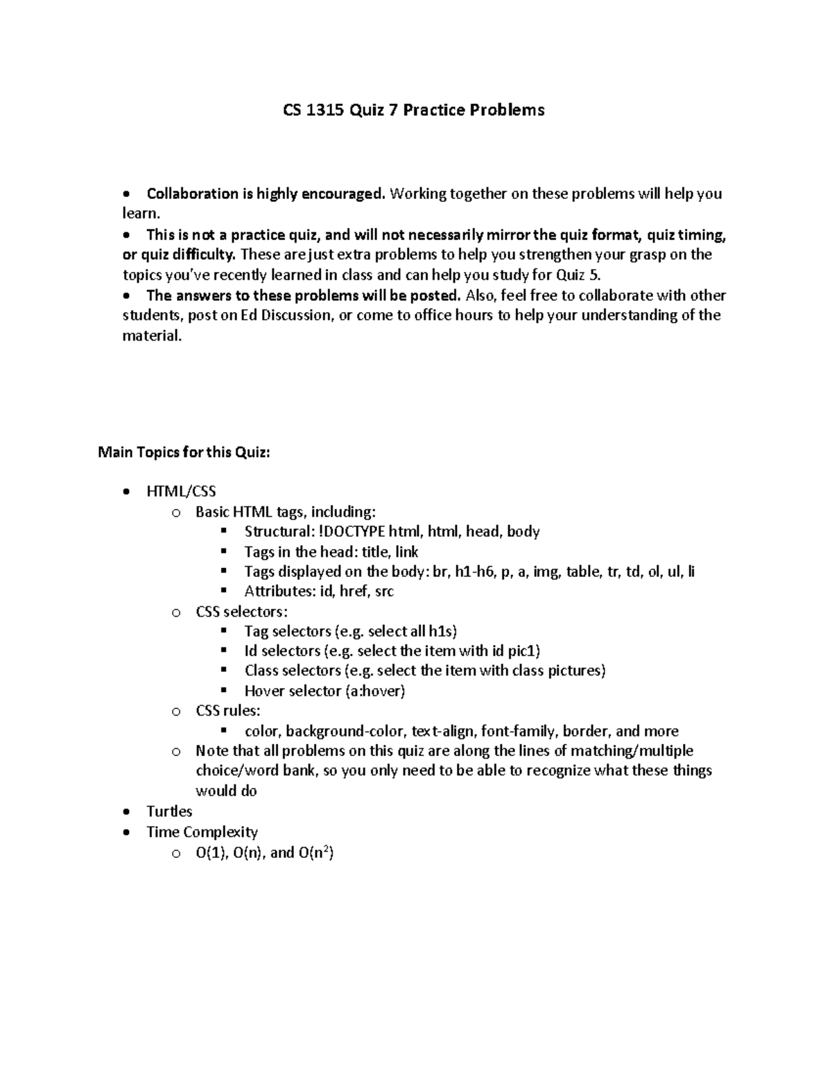 Quiz 7 Practice Problems - CS 1315 Quiz 7 Practice Problems ...