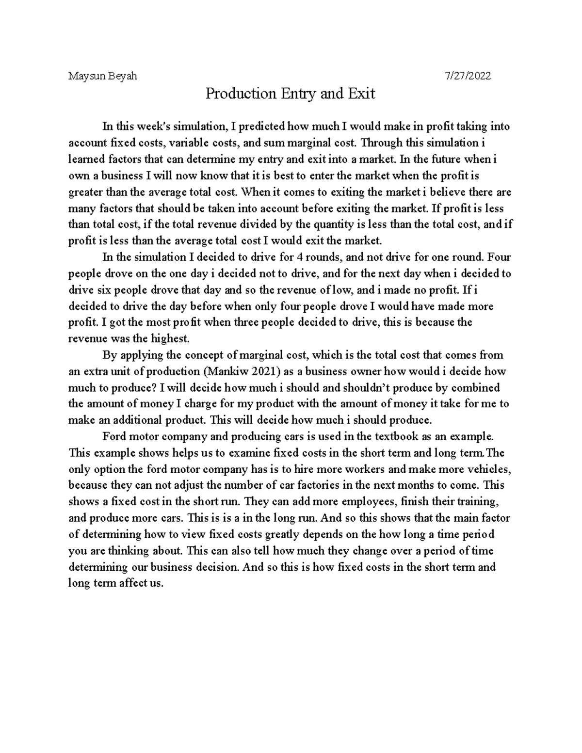 Production Entry and Exit - Maysun Beyah 7/27/ Production Entry and ...