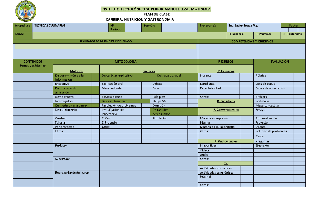8.plan de clase base - PLANIFICACION DEL CURSO DE COCINA - PLAN DE ...