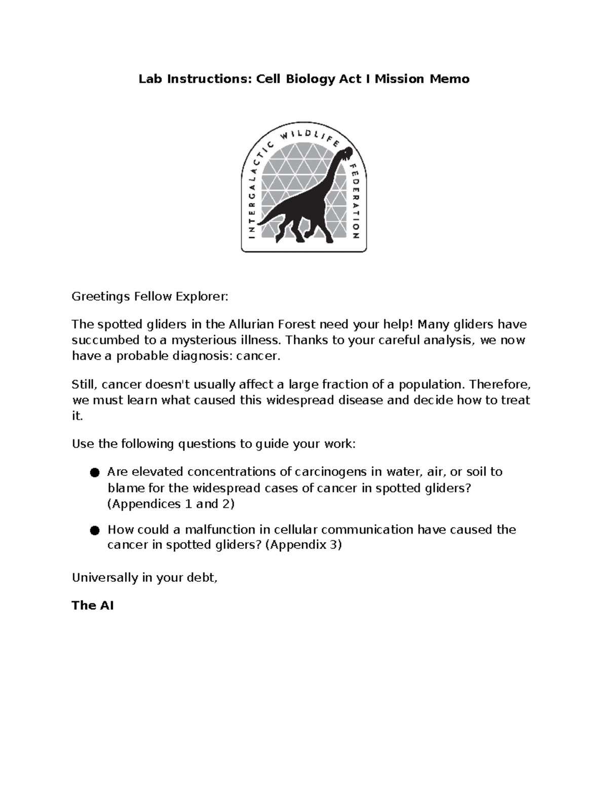 Lab Instructions Cell Biology Act I Mission Memo Spring A 2024 Onward - Lab Instructions: Cell ...