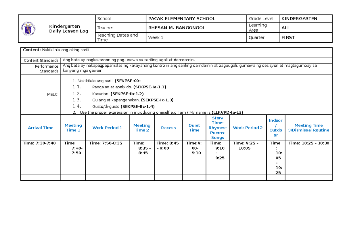 Kinder-New-DLL week1 day1 - Kindergarten Daily Lesson Log School PACAK ...