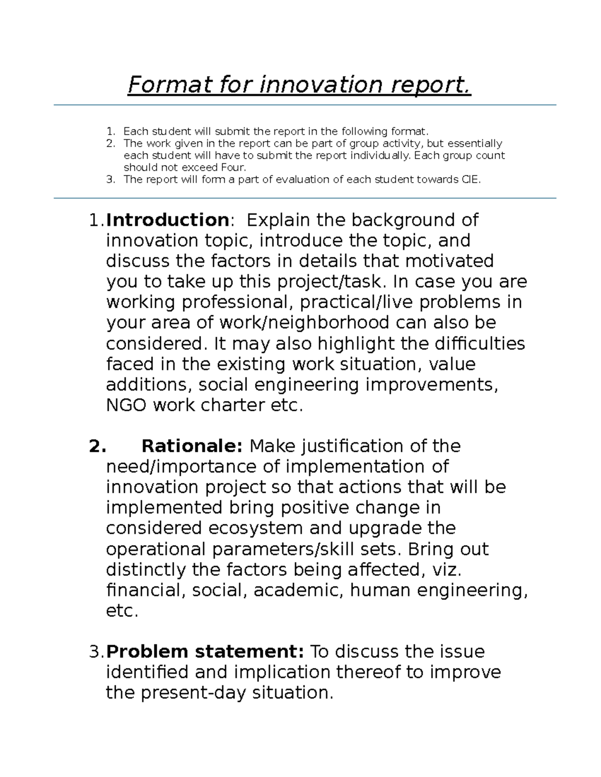 Format for innovation report - 1. Each student will submit the report ...