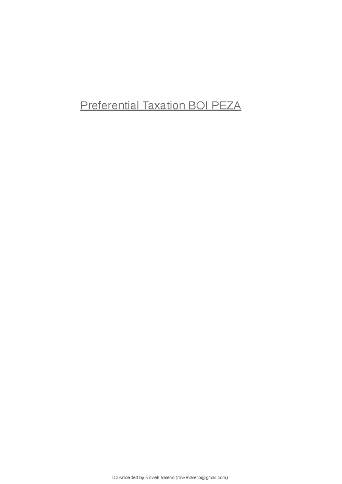 15 preferential taxation boi peza - Preferential Taxation BOI PEZA Downloaded by Rowell Valerio ...