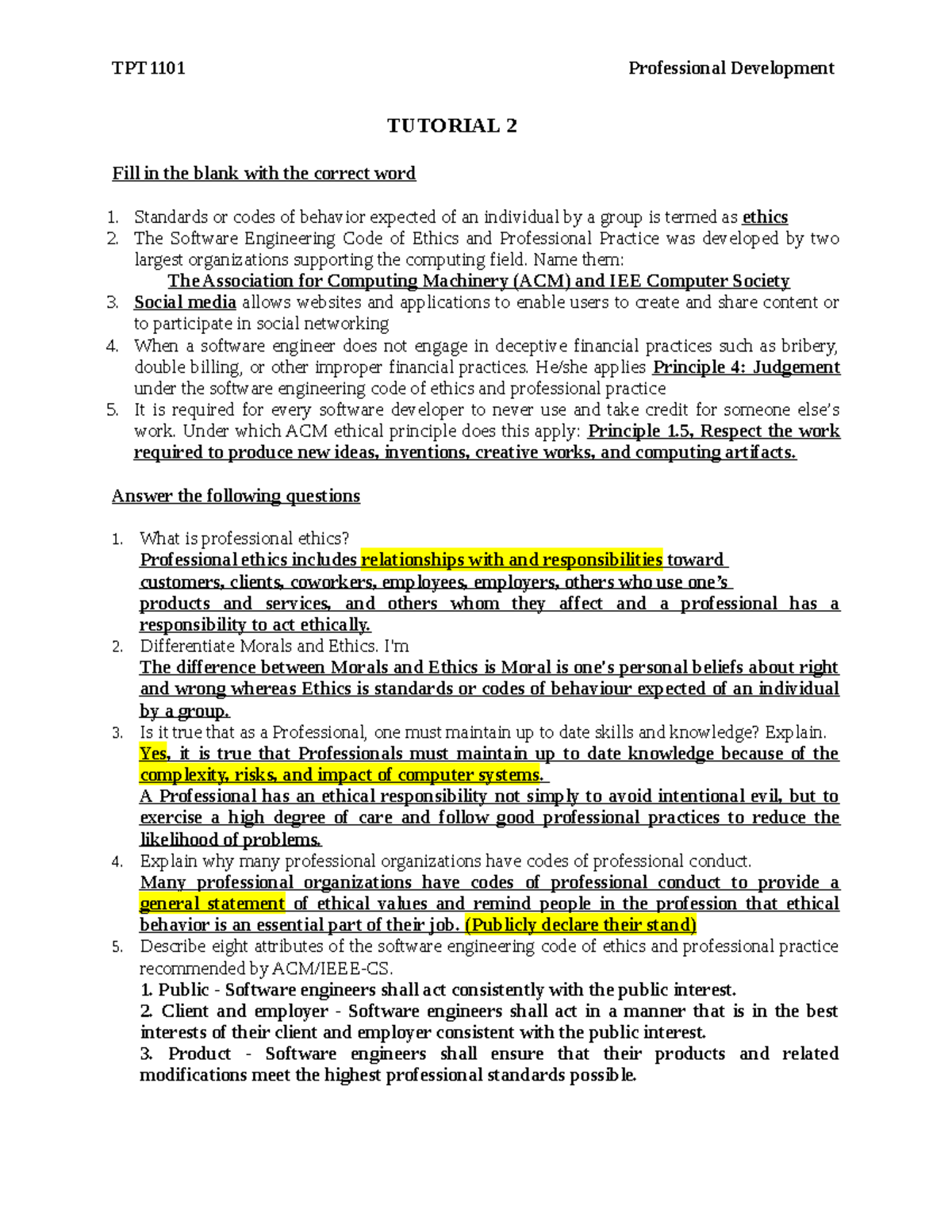 TPT1101 Tut02 Professional Ethics Question - TUTORIAL 2 Fill in the blank with the correct word ...