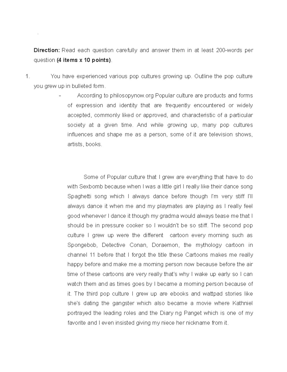 02 worksheet 2 pop culture - Direction: Read each question carefully ...