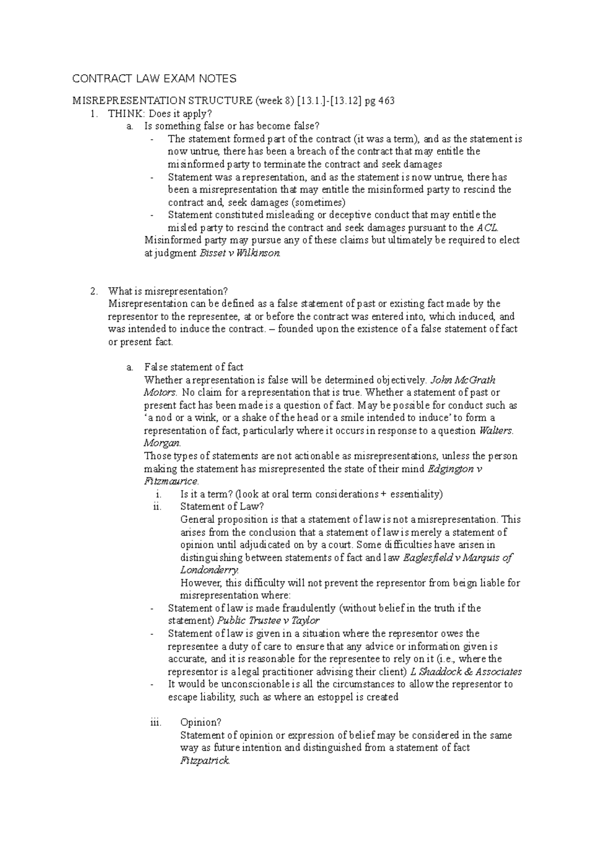 Contract LAW EXAM Notes final - CONTRACT LAW EXAM NOTES ...