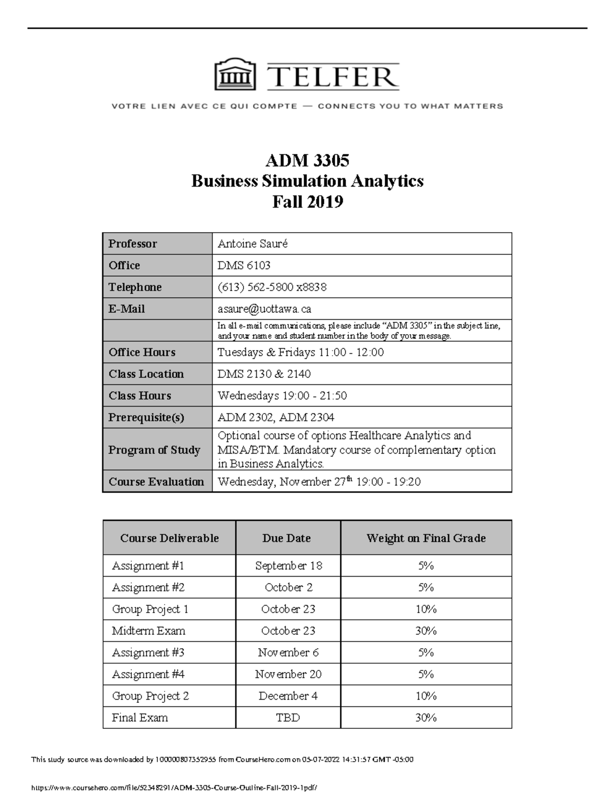 ADM 3305 Course Outline Fall 2019 1 - ADM 3305 Business Simulation ...