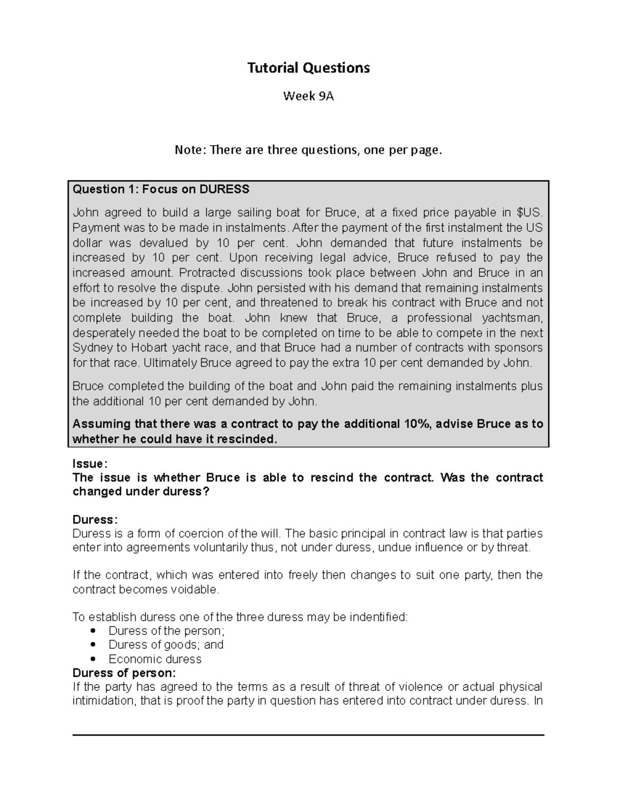 Tutorial Problems - Week 9A - Tutorial Questions Week 9A Note: There are three questions, one ...