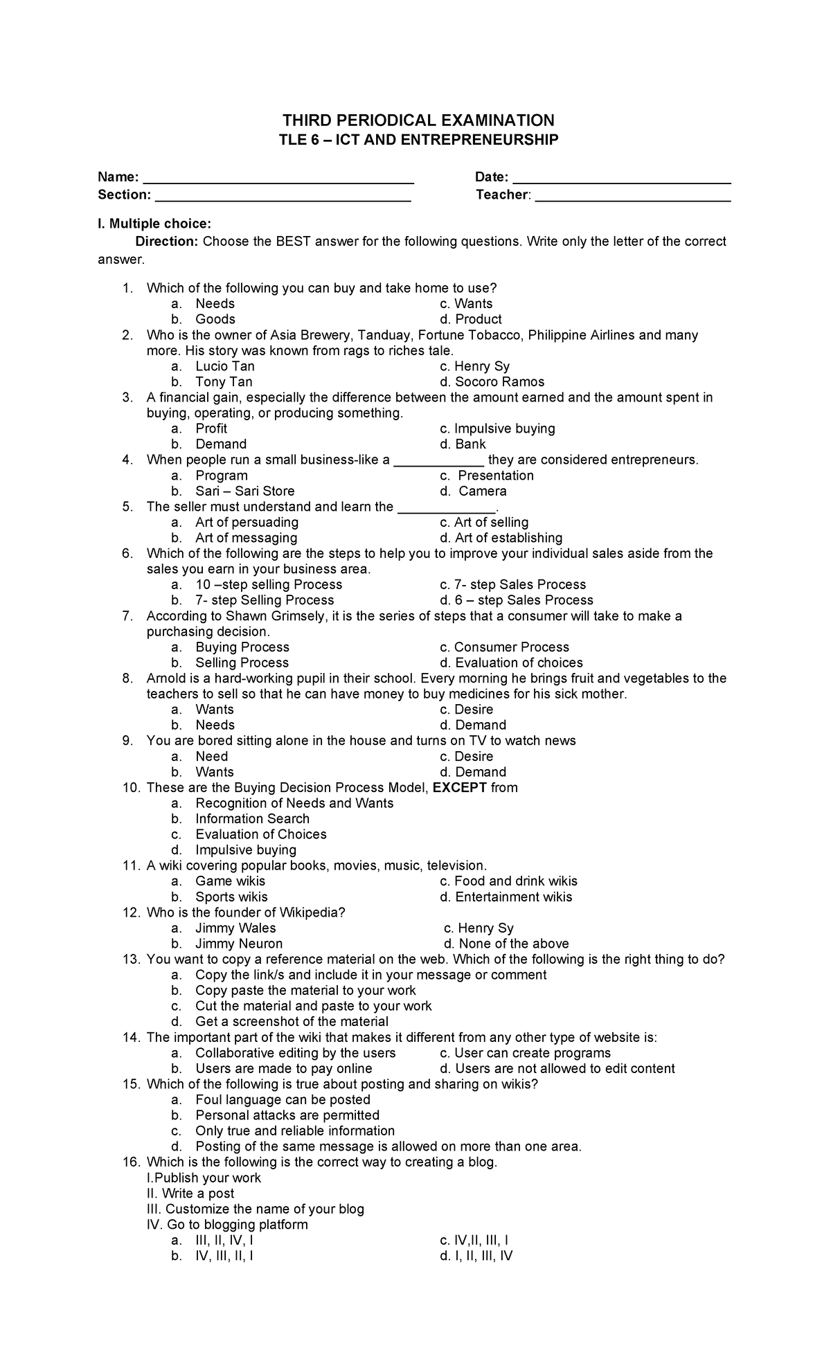 3rd-Periodical-Exam-TLE6-ICT-and-Entrep - THIRD PERIODICAL EXAMINATION ...