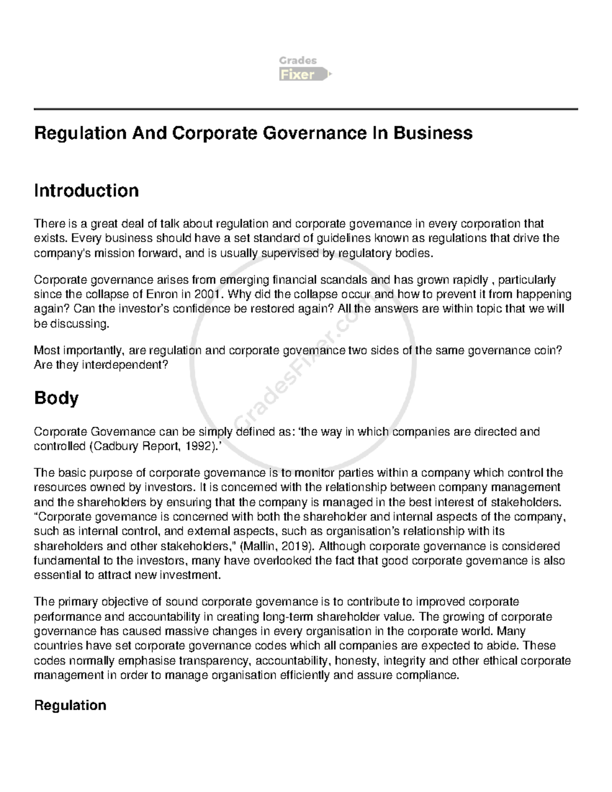 Regulation And Corporate Governance In Business - Regulation And ...