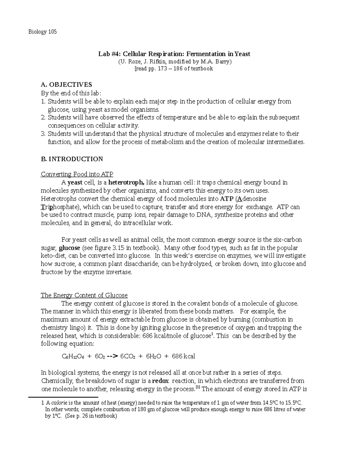 Lab 4 - Yeast Fermentation FEB 21 2023 - Biology 105 Lab #4: Cellular ...