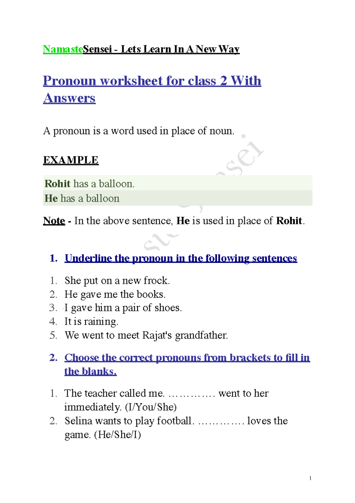 Pronoun worksheet for class 2 - Namaste Sensei NamasteSensei - Lets ...
