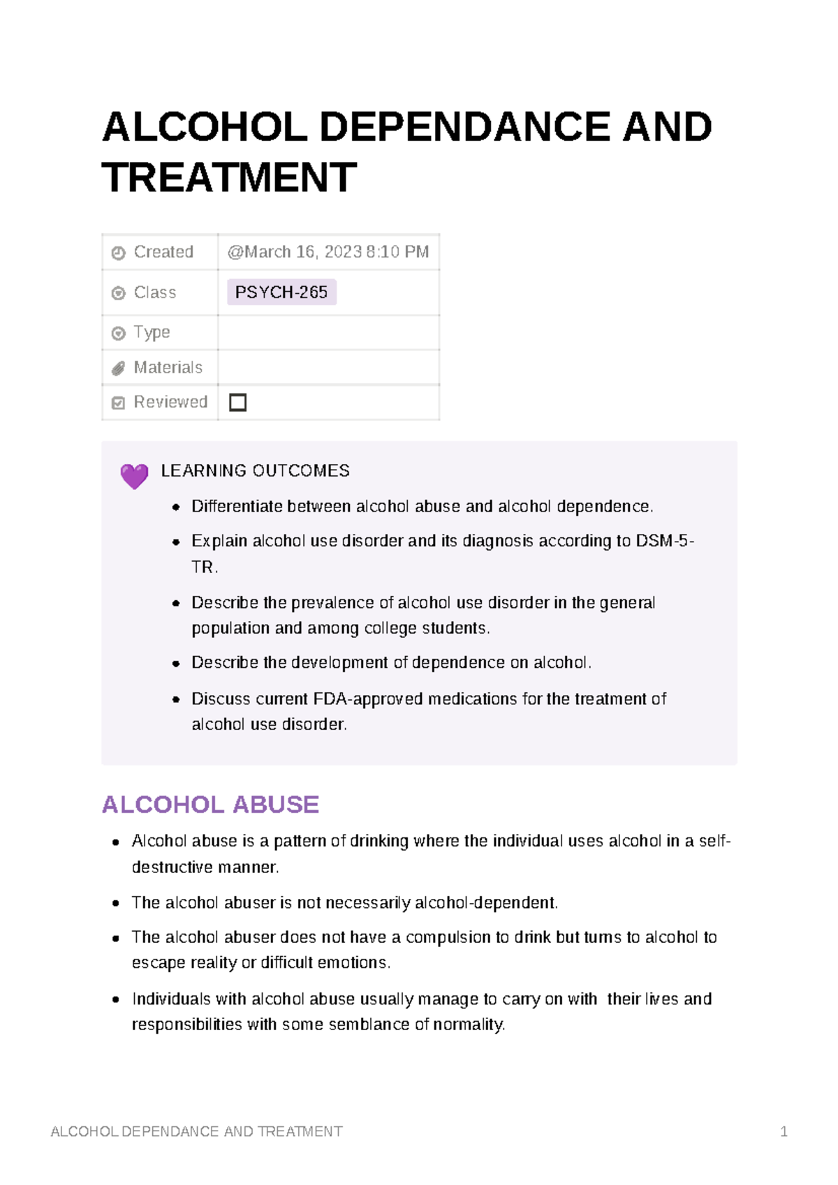PSYCH 265-[ Alcohol Dependance AND Treatment - ALCOHOL DEPENDANCE AND ...