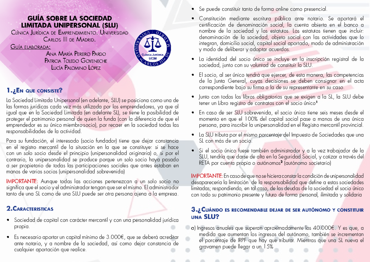 GUIA Sobre LA Sociedad Limitada Unipersonal SLU - Diseños de investigación y comunicación - StuDocu