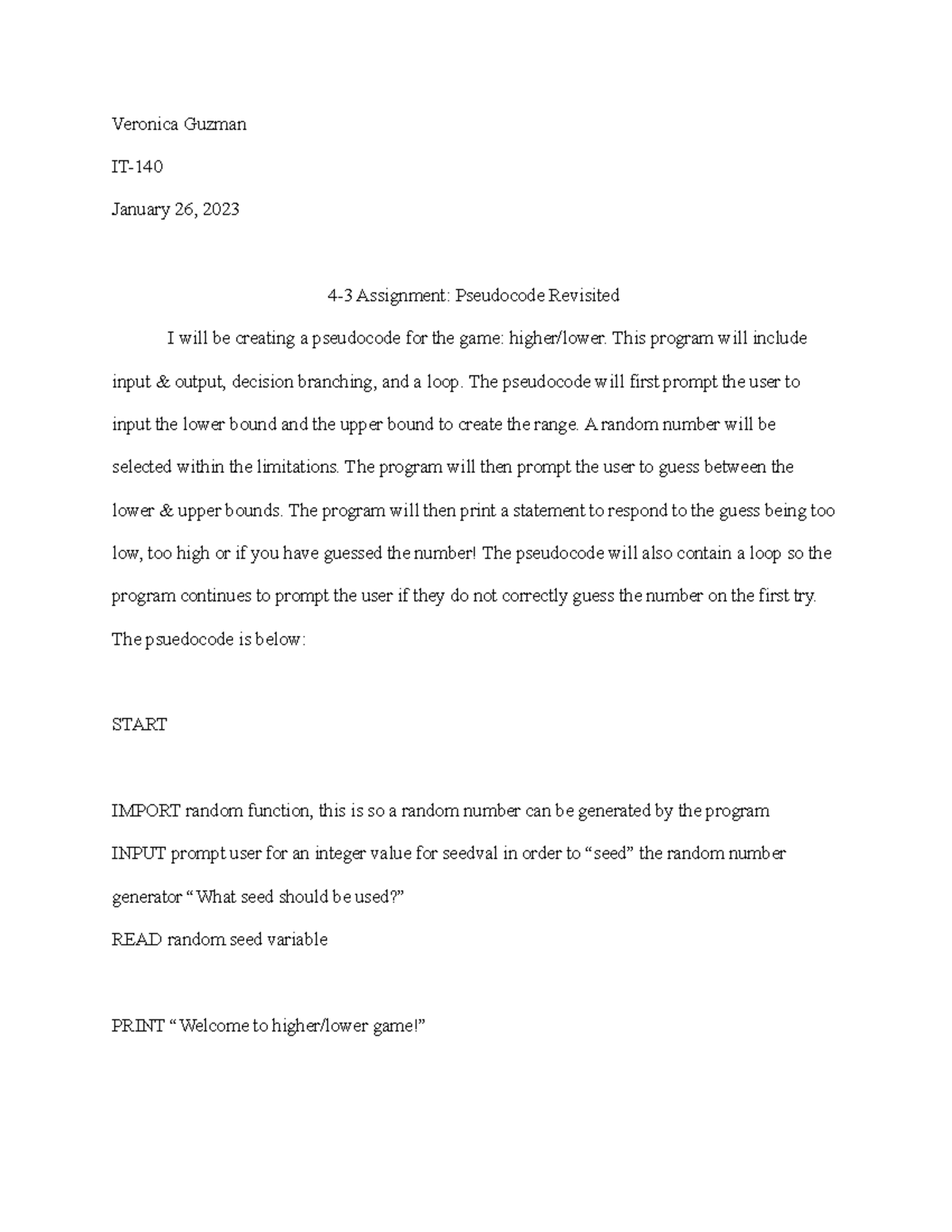 Higher Lower Psuedocode - VG - Veronica Guzman IT- January 26, 2023 4-3 ...