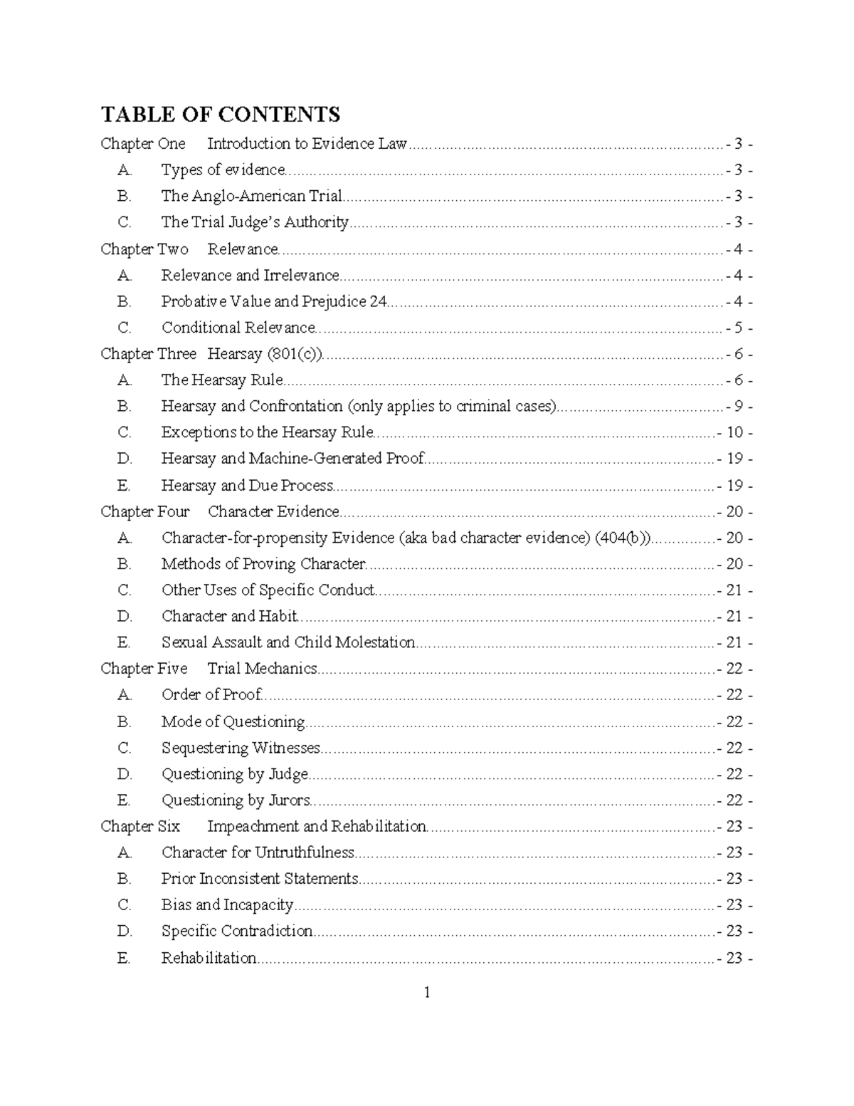 Outline of Evidence for Law Course - TABLE OF CONTENTS Chapter One ...