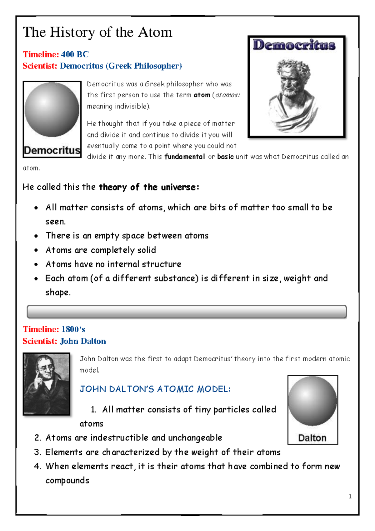 The history of the atom Notes- condensed - The History of the Atom ...