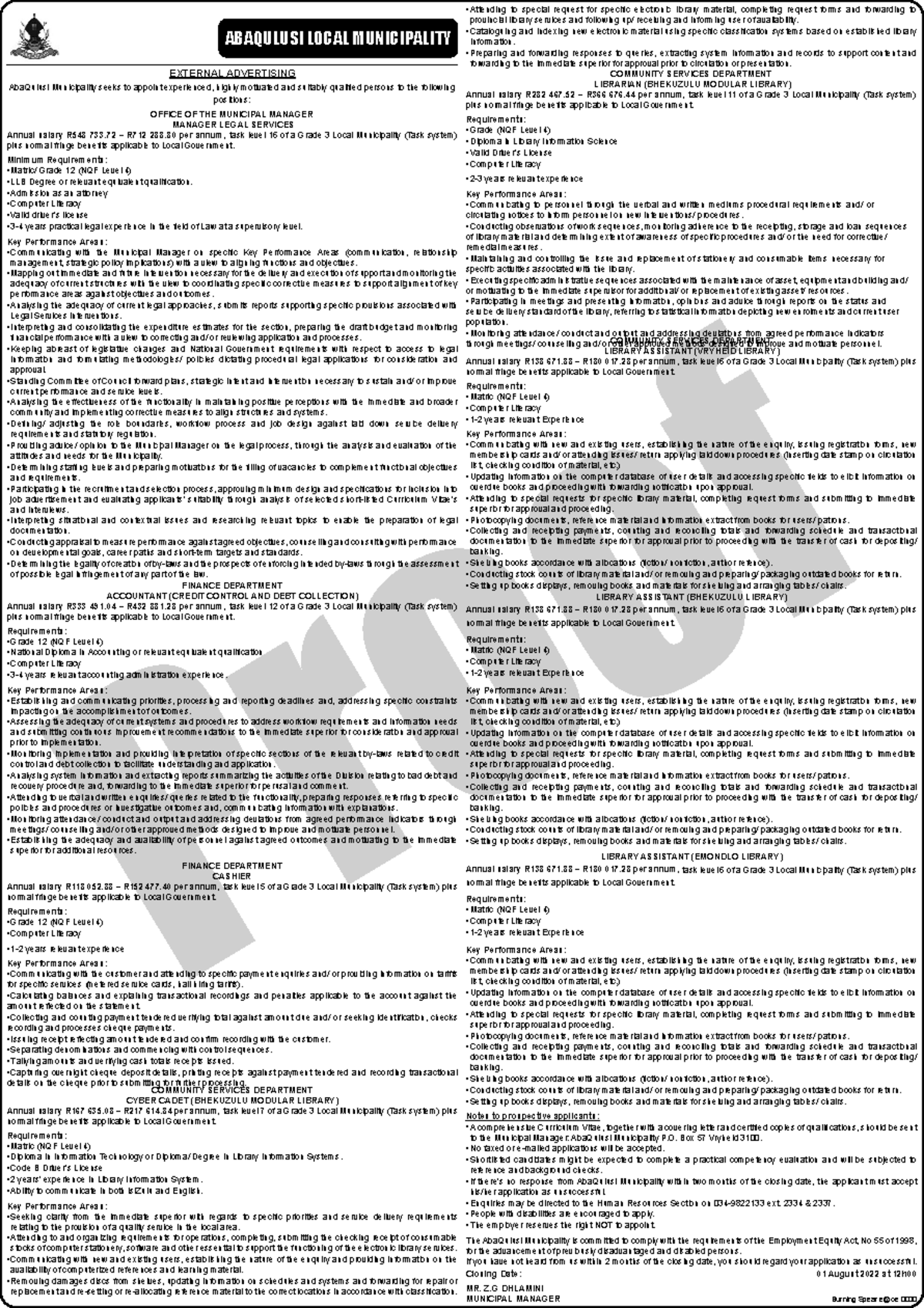 Aba Qulusi Municipality - ABAQULUSI LOCAL MUNICIPALITY EXTERNAL ...