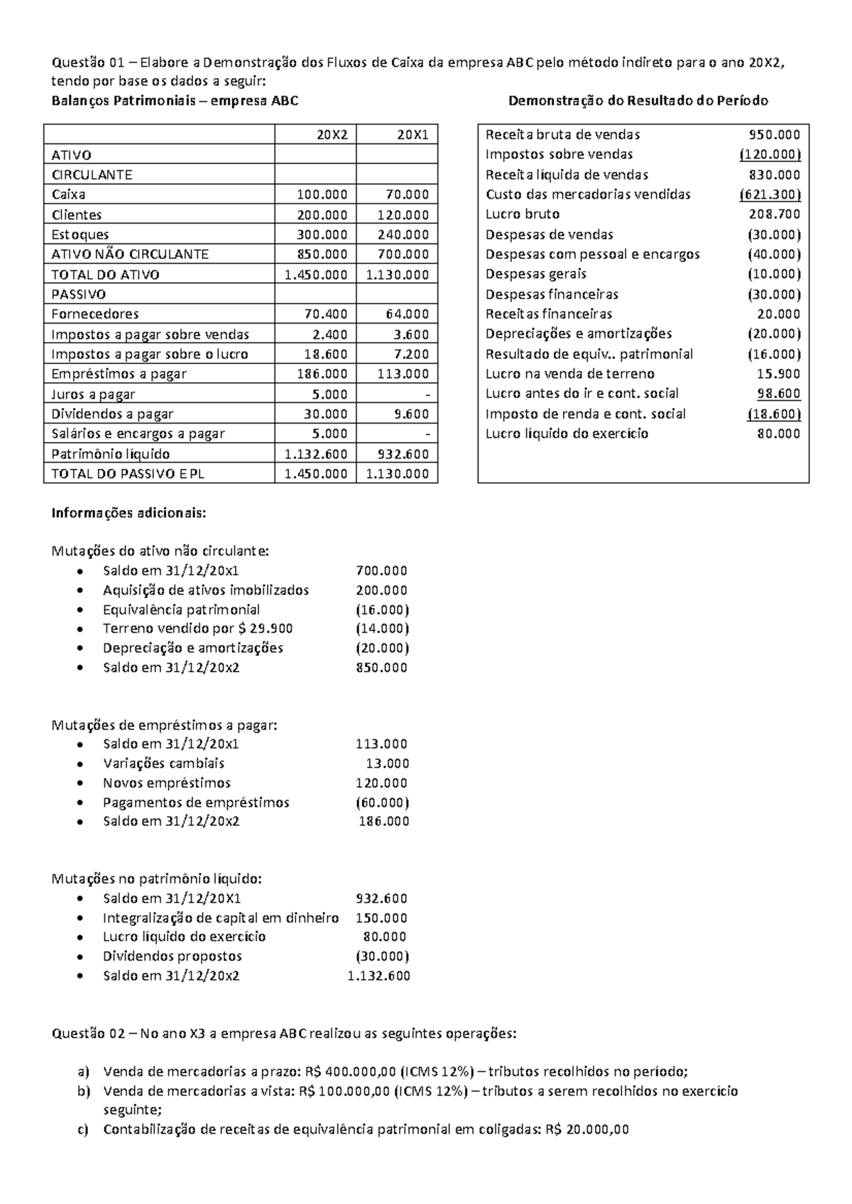 ABC DFC direto e indireto - Questão 01 – Elabore a Demonstração dos ...