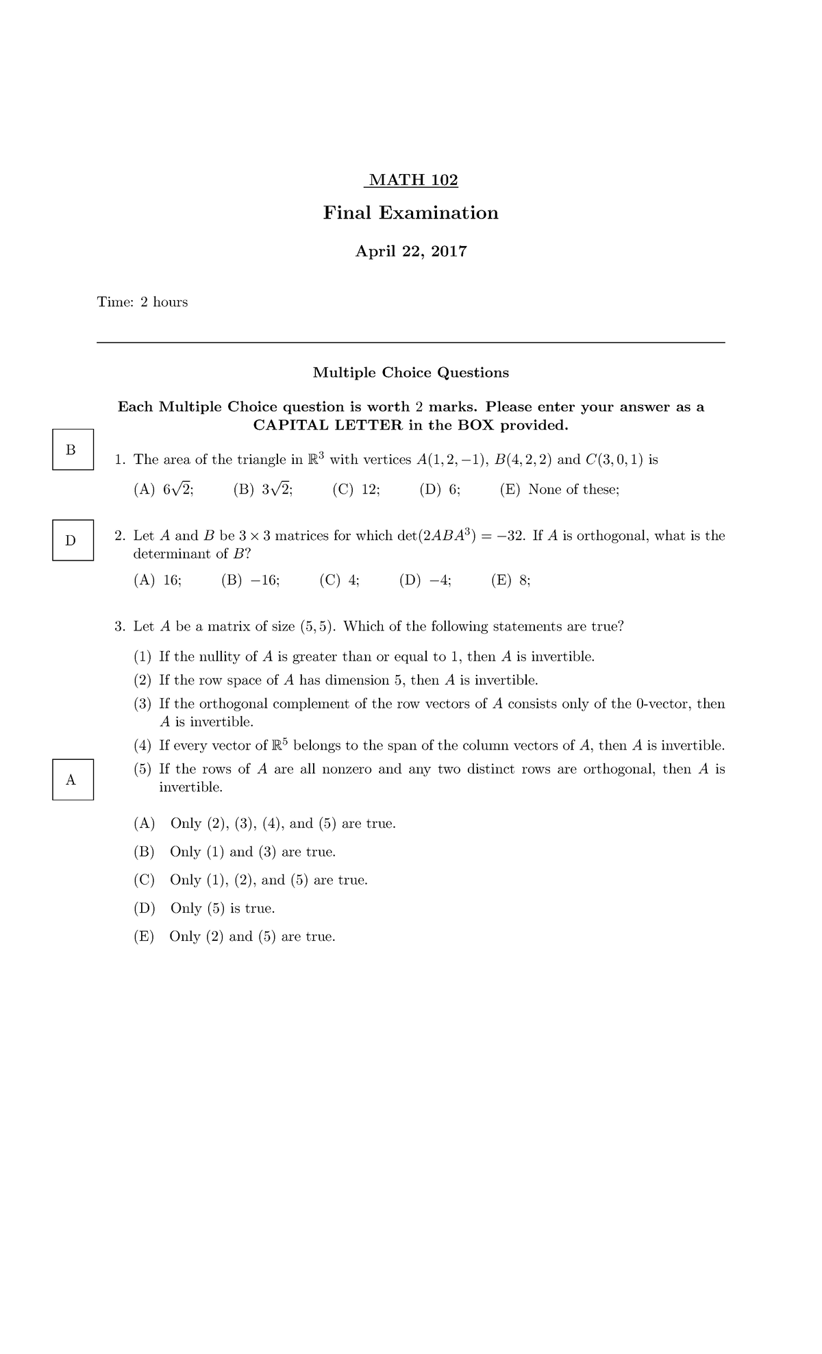 Final Winter 2017 - MATH 102 Final Examination April 22, 2017 Time: 2 ...
