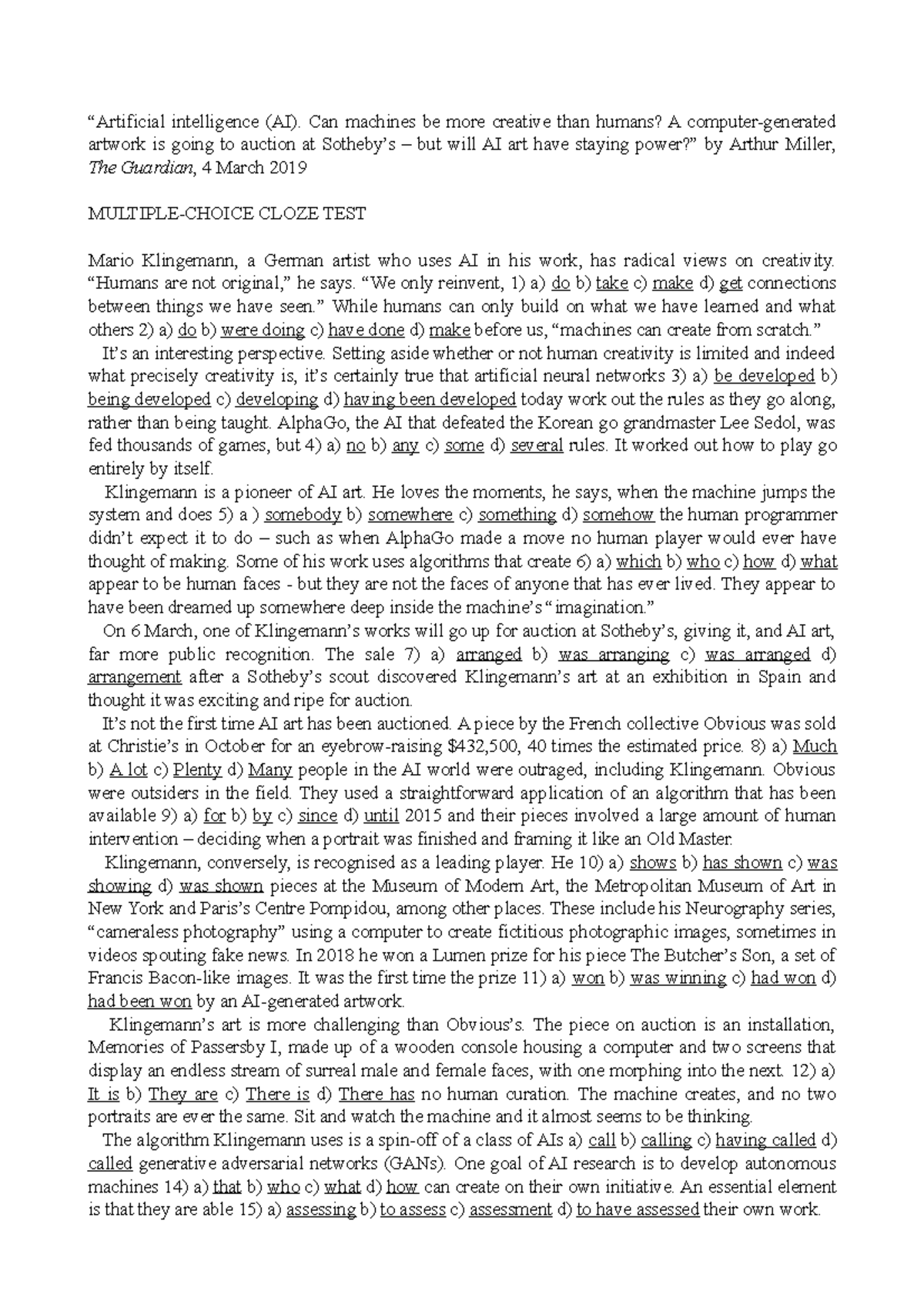 Artificial intelligence. cloze plus WF - “Artificial intelligence (AI ...