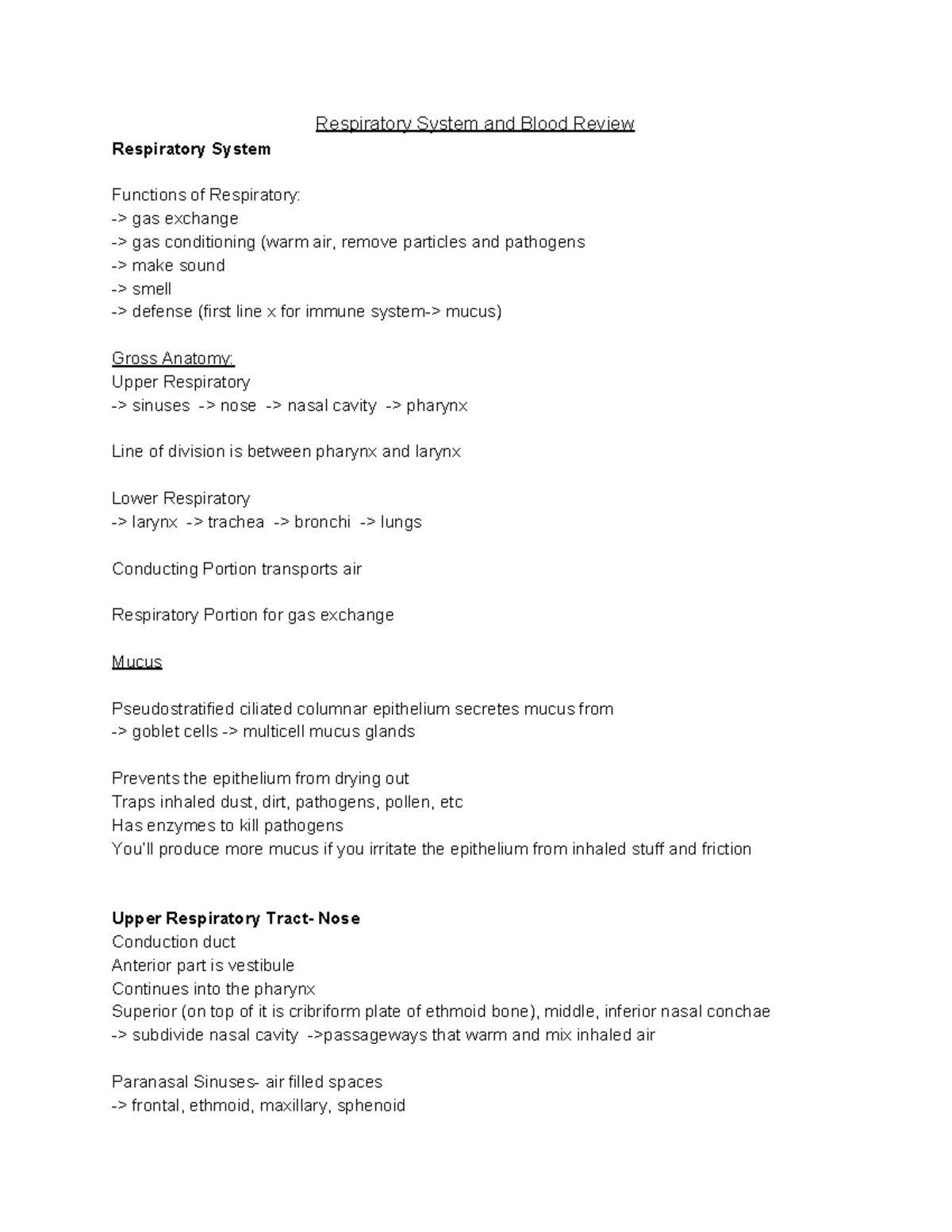 Respiratory System and Blood Review-BI210 - Respiratory System and ...
