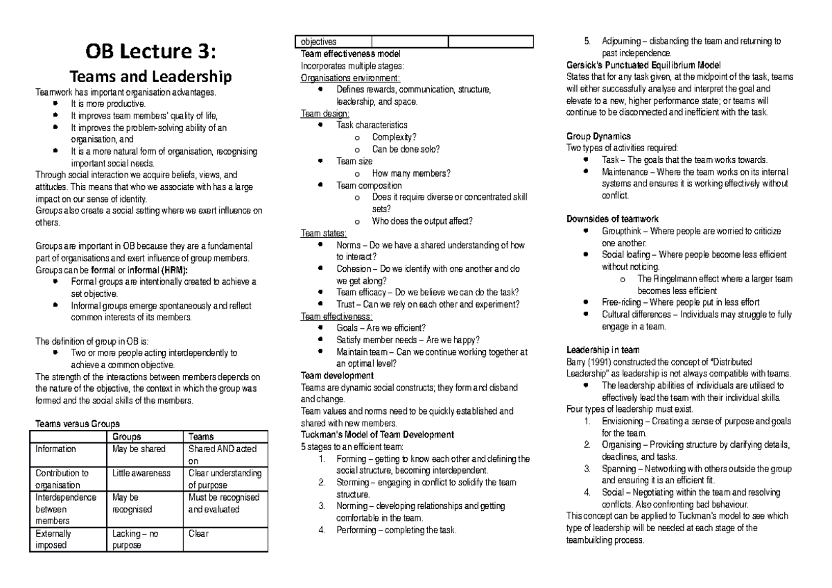 OB Lecture 3 - Teams and Leadership - OB Lecture 3: Teams and ...