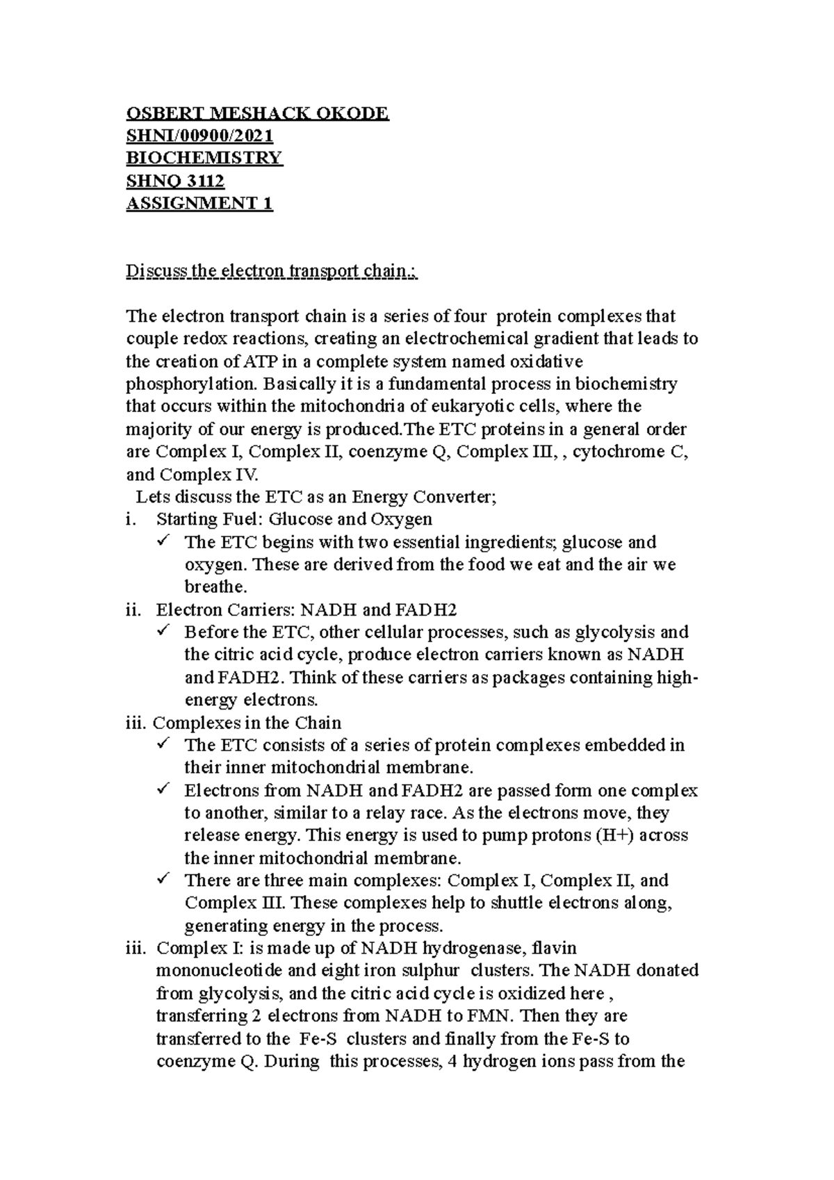 Biochem Assignment I - good for revision - OSBERT MESHACK OKODE SHNI ...