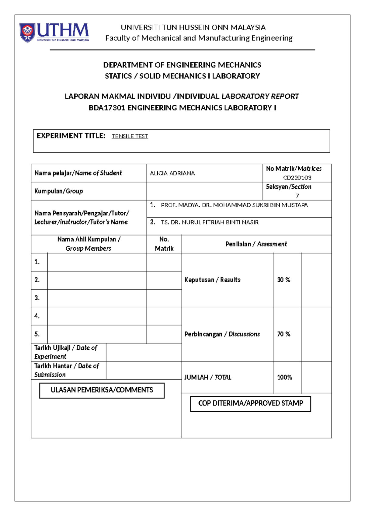 Tensile TEST Report (CD22010 3) - Faculty of Mechanical and ...