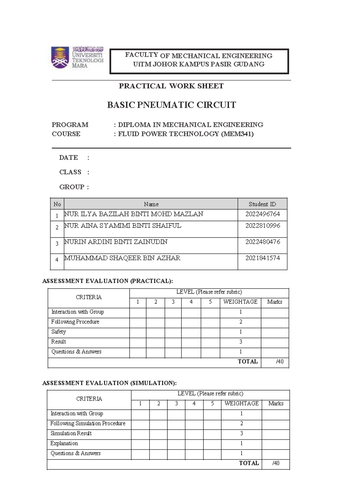 Lab 4- Basic Pneumatic Circuit - PRACTICAL WORK SHEET BASIC PNEUMATIC ...