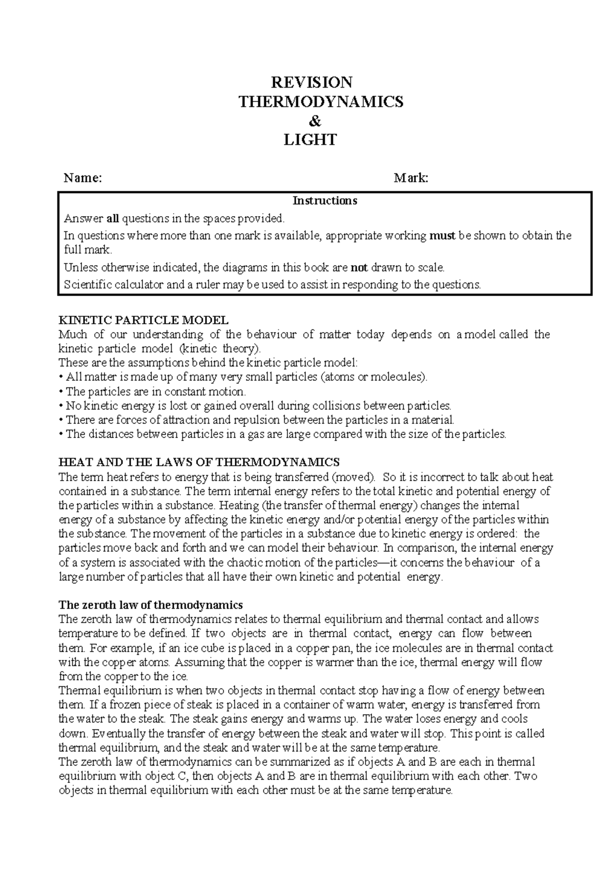 Revision DATA Thermodynamics & Light - REVISION THERMODYNAMICS & LIGHT ...