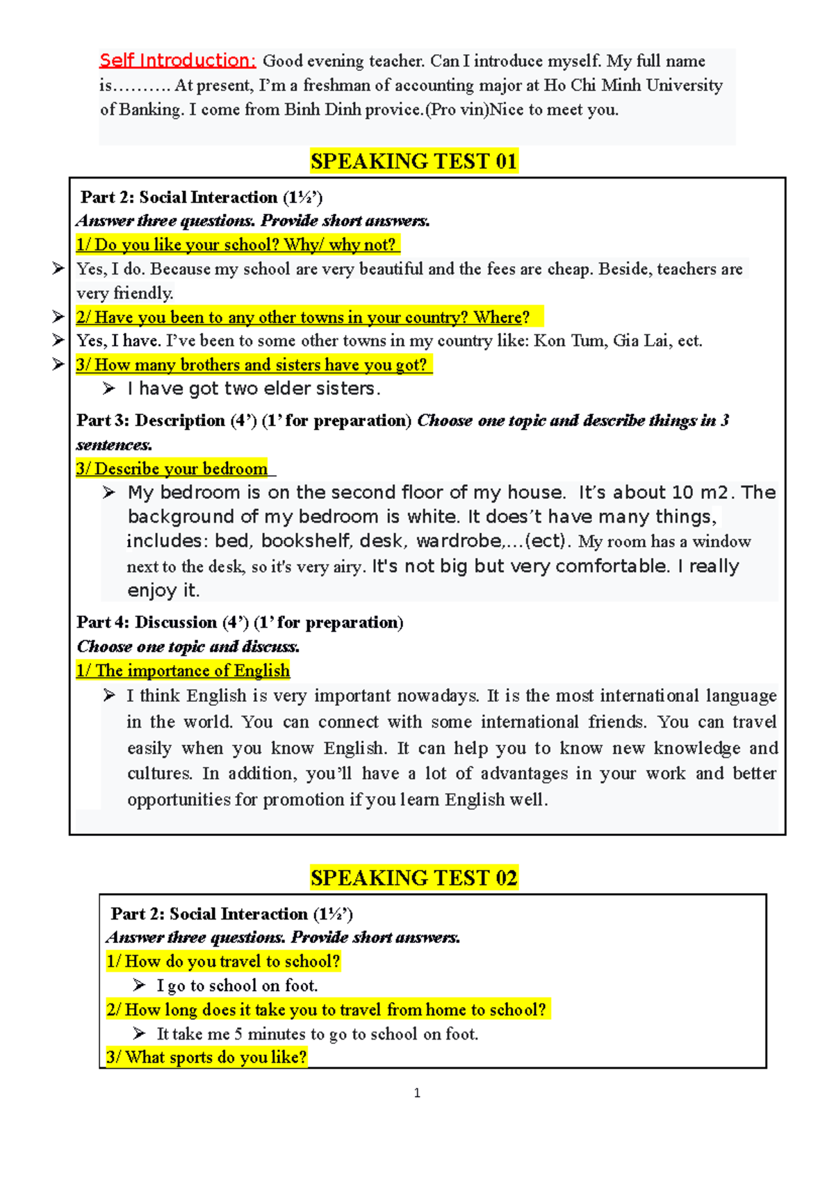 1.A2 Full Bài Speaking - Self Introduction: Good evening teacher. Can I ...